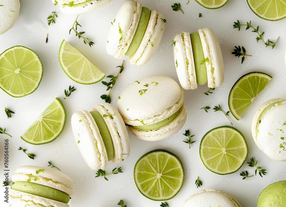Cover with lime flavored green pastel macaroons. Lime on the background ...
