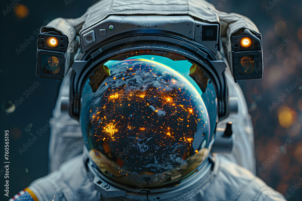Astronaut helmet reflecting cosmic scenes with starry sky and earth ...
