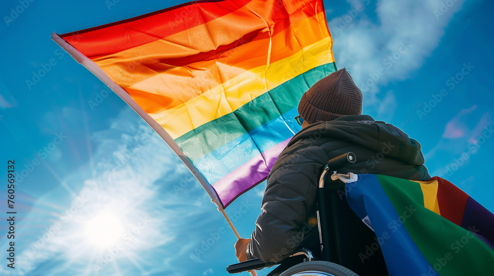 Inclusive image of a disabled gay male in wheelchair waving a rainbow ...
