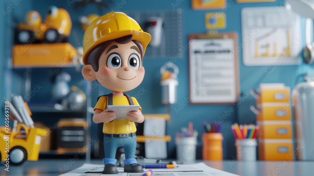 A friendly cartoon child character dressed as a construction worker in ...