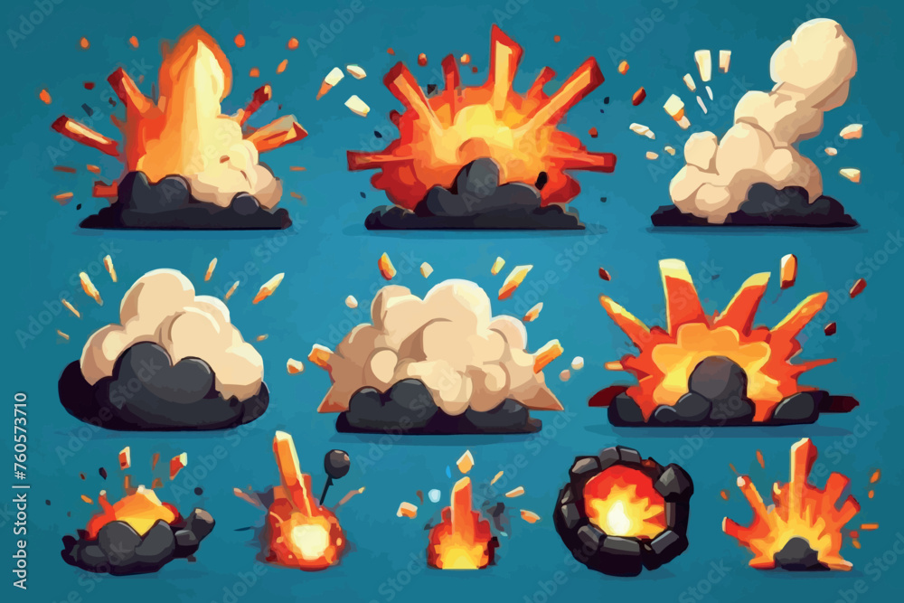 Bomb explosion cartoon animation comics strip series with colorful fire ...