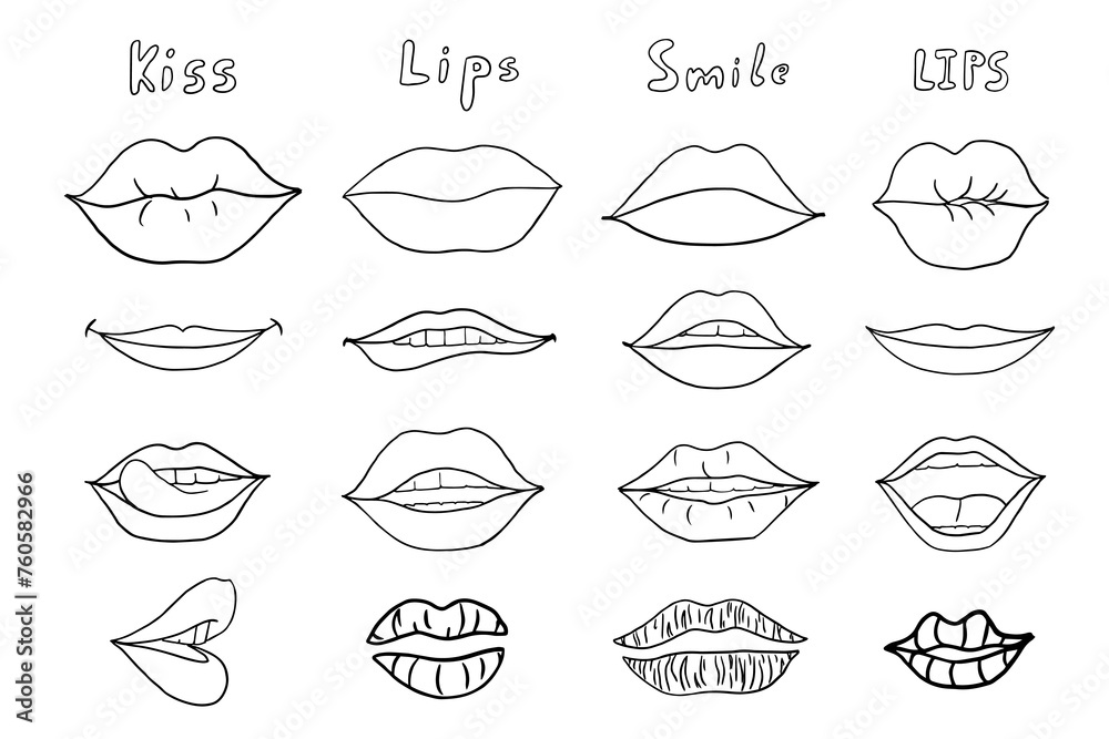 Big set of female lips with lettering in doodle style. Kiss, smile ...