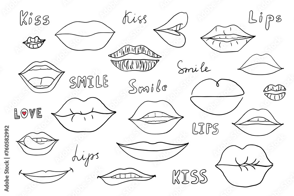 Beautiful set of female lips with lettering in doodle style. Kiss ...