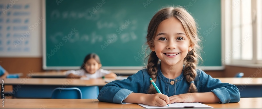 Plain bright classroom background Portrait of smiling happy cute kid ...