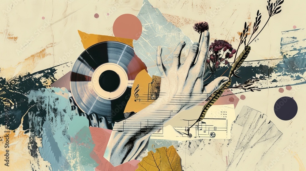 Collage with hand holder play music and notes paper grunge banner. Pop ...