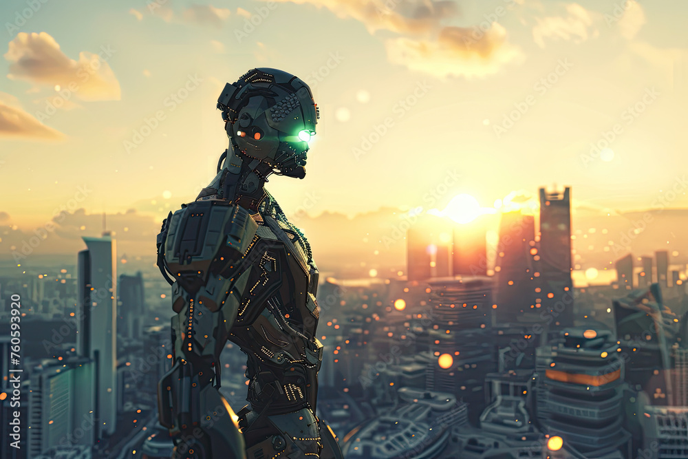A futuristic cyborg, glowing eyes, standing amidst a post-apocalyptic ...