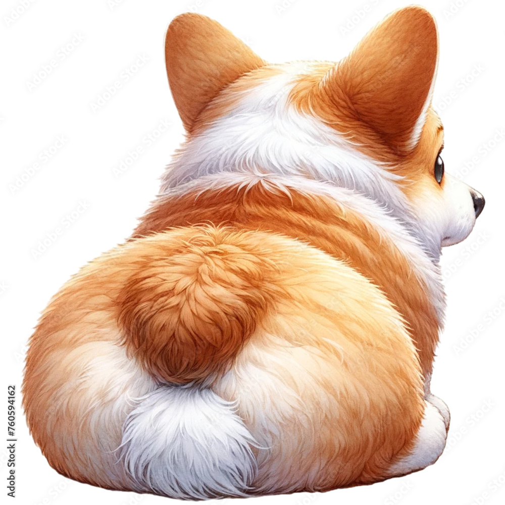 An illustration depicting the back of a fluffy corgi puppy waiting ...