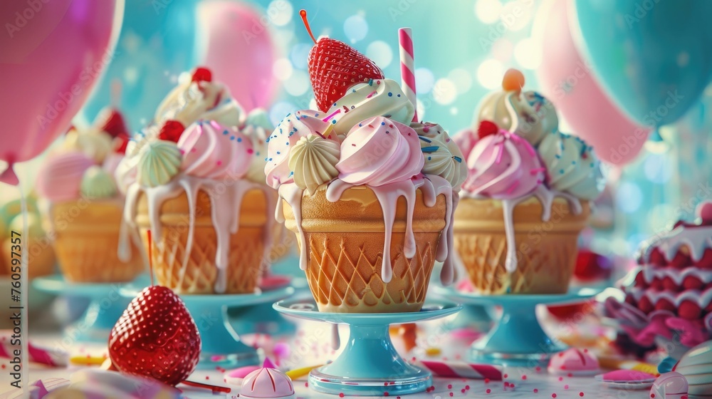 Ice cream sundae bar in a 3D animated kids birthday party Stock ...