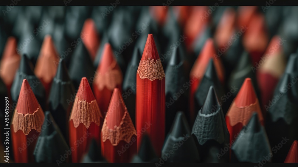 The red pencil is prominent and is surrounded by a black pencil ...