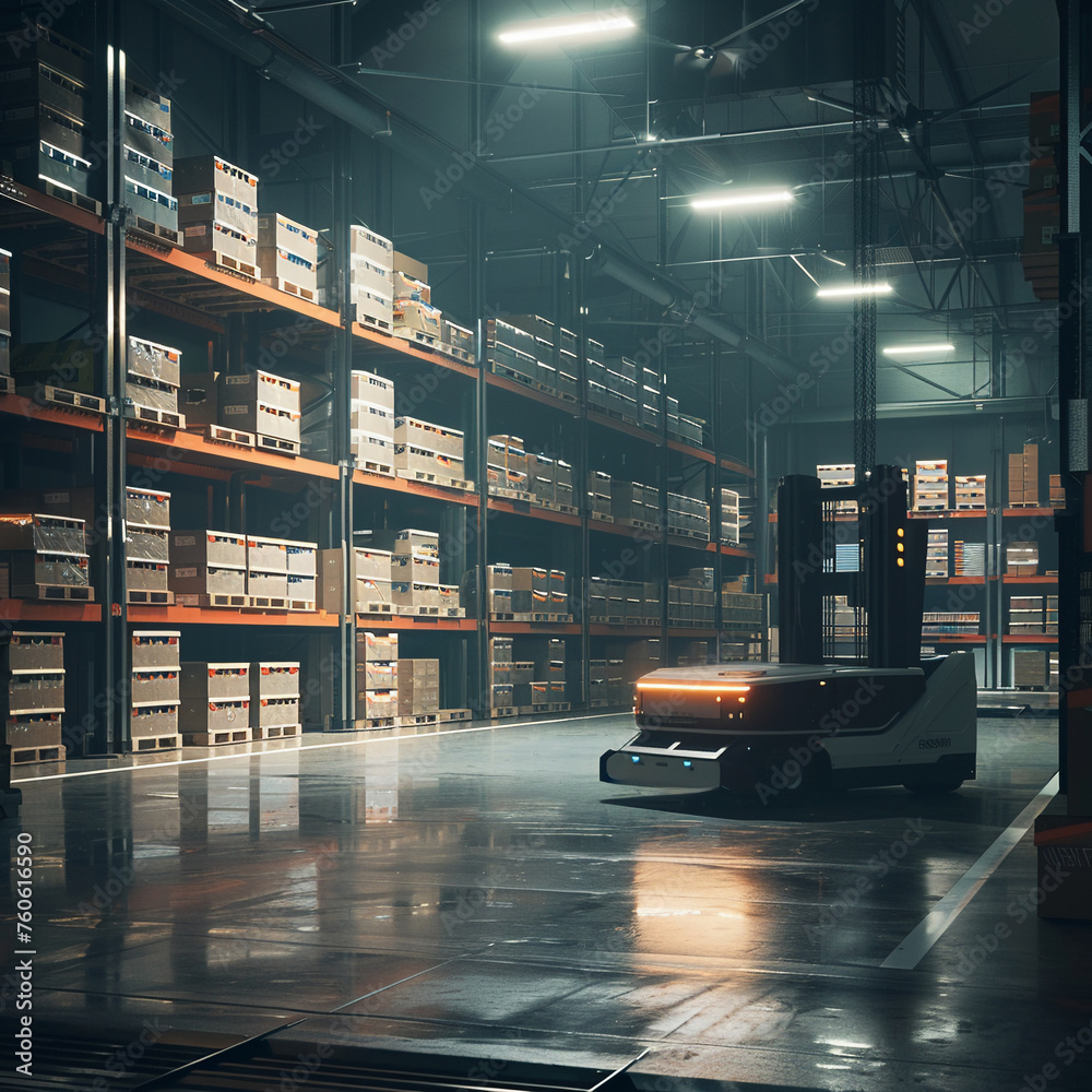 Futuristic warehouse scene with a robot forklift seamlessly sorting inventory epitome of machine ...