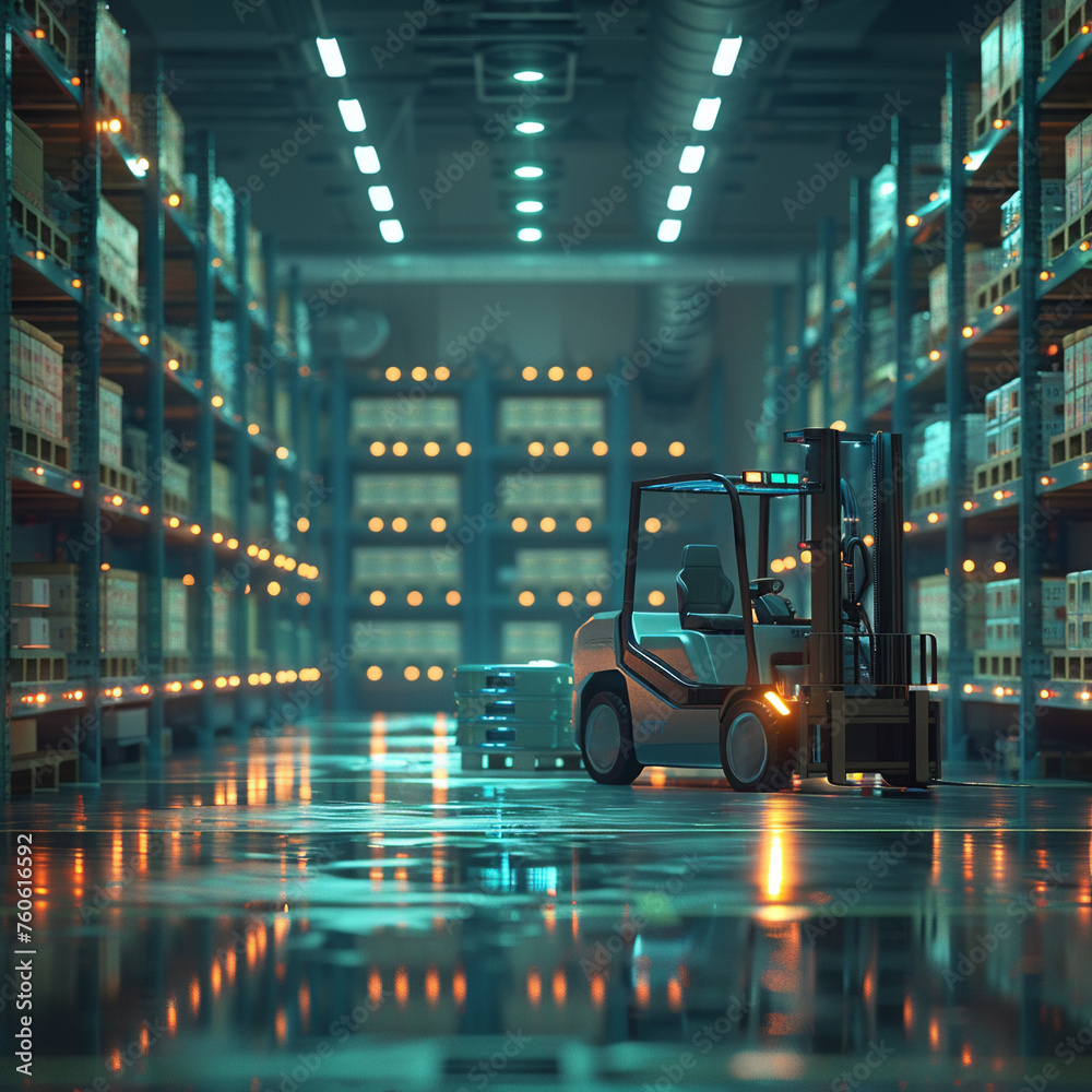 Futuristic warehouse scene with a robot forklift seamlessly sorting ...