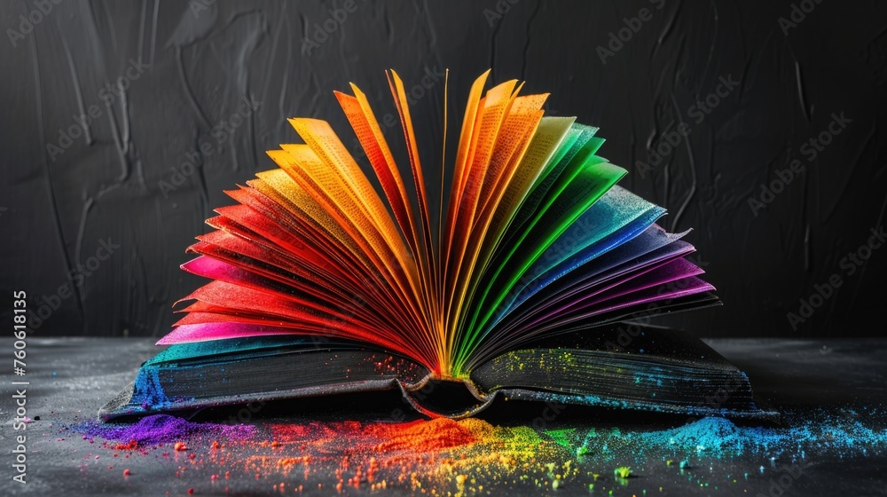 A vibrant book with rainbow pages spread out, evoking the diversity and ...