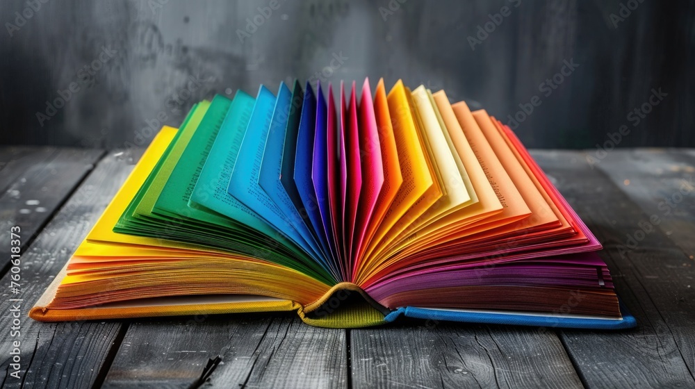 A vibrant book with rainbow pages spread out, evoking the diversity and ...