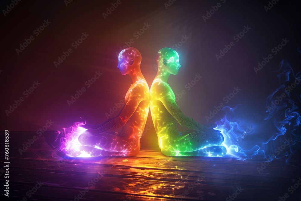 Two individuals sitting back to back, each with a glowing aura around ...