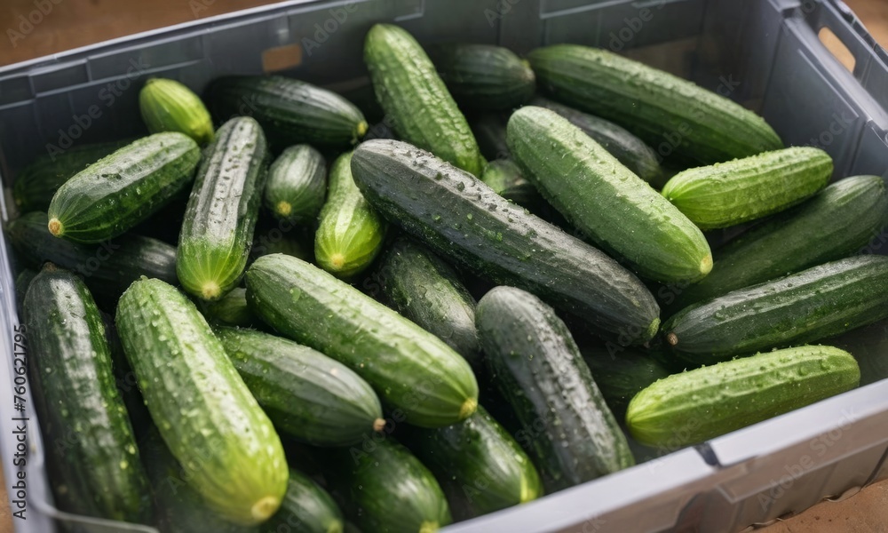 cucumbers in plastic boxes, Fresh green cucumbers with water droplets ...
