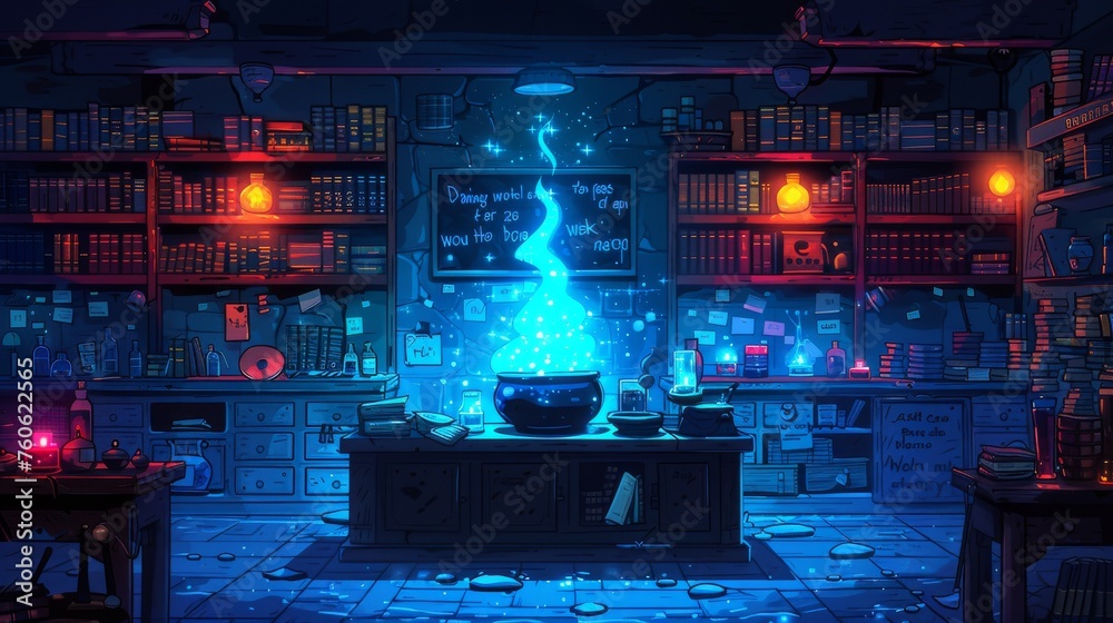 Animated cartoon illustration of magic school, classroom interior with ...