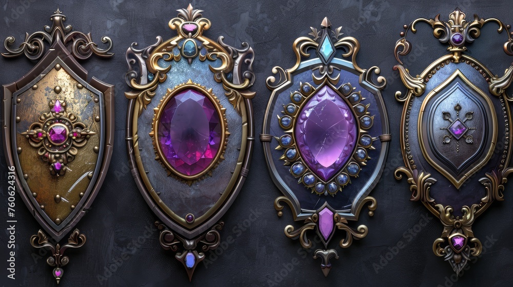 Various warrior banners in a fantasy style with gold, silver and purple ...