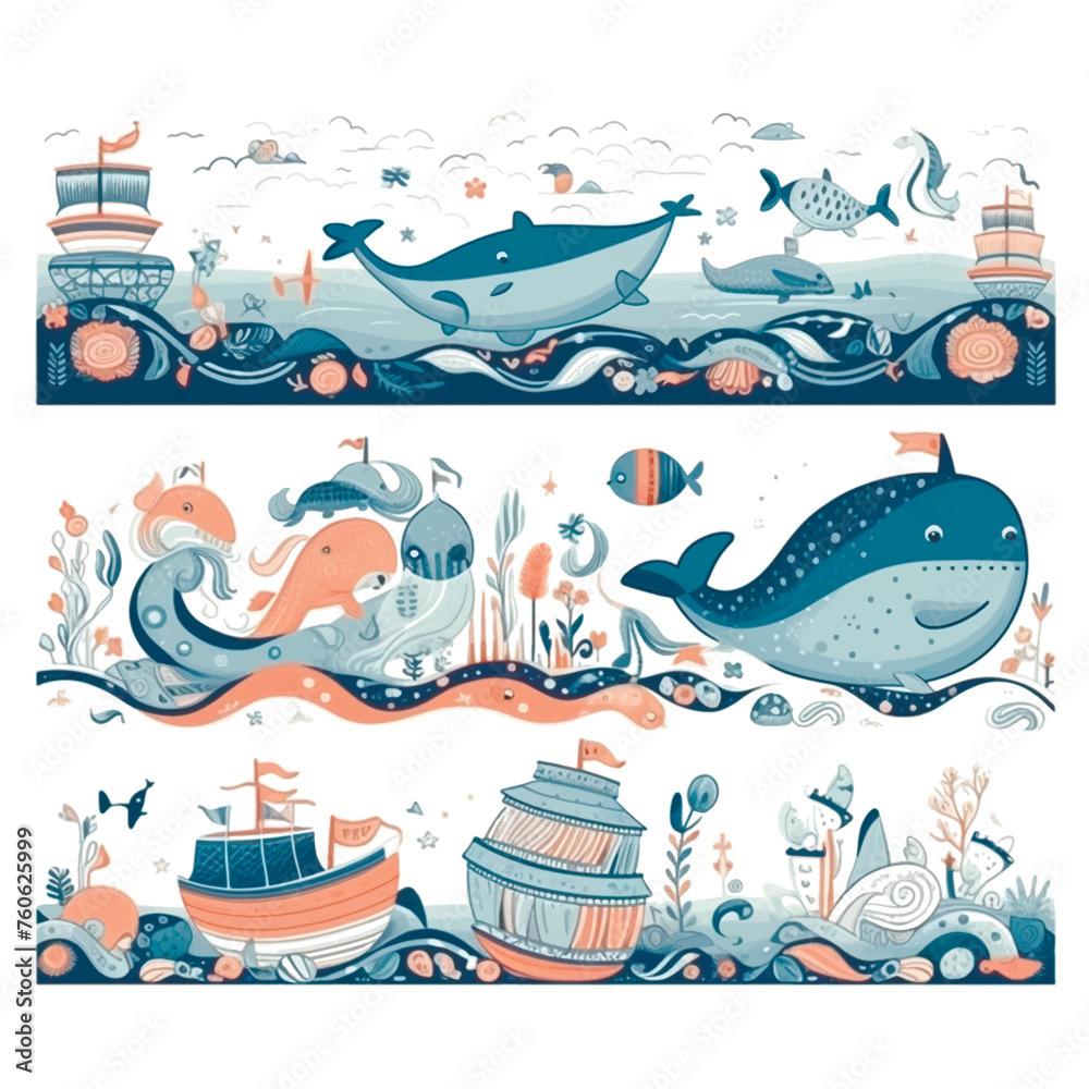 Marine cartoon hand drawn beautiful funny horizontal banners borders ...