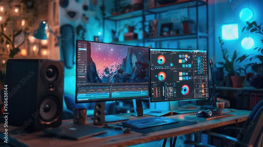 A creative workspace setup with dual monitors, graphic tablet, and mood ...
