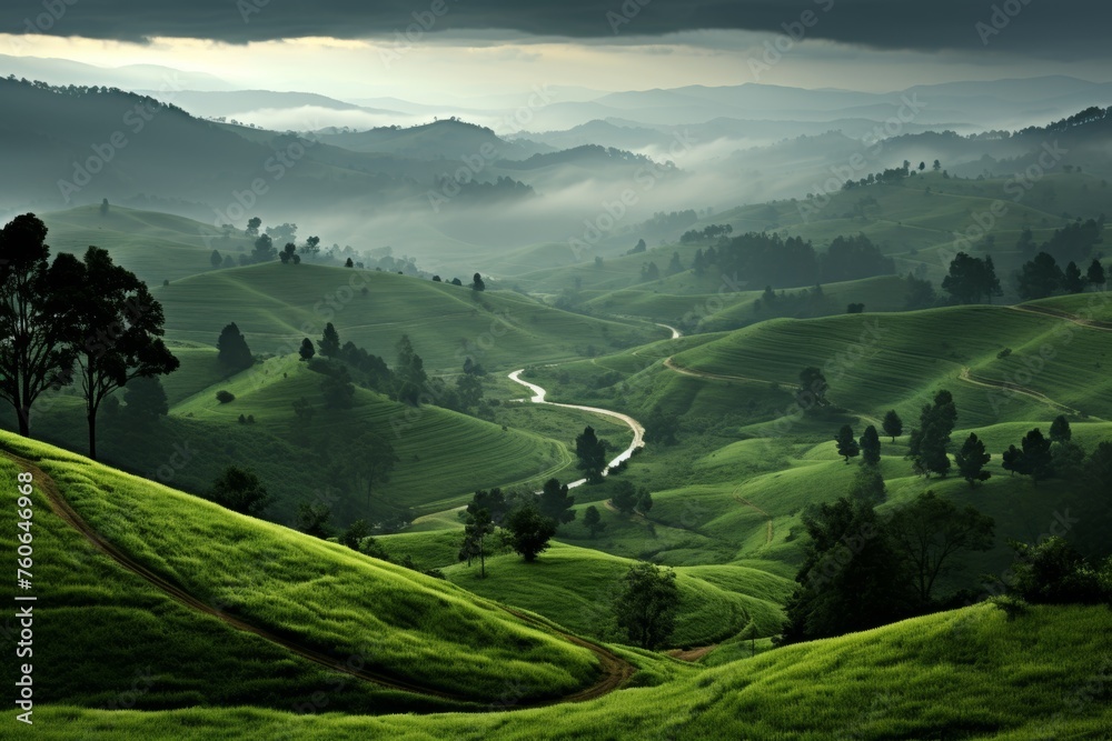 Hyper realistic british landscape painting of misty mountain and trees ...