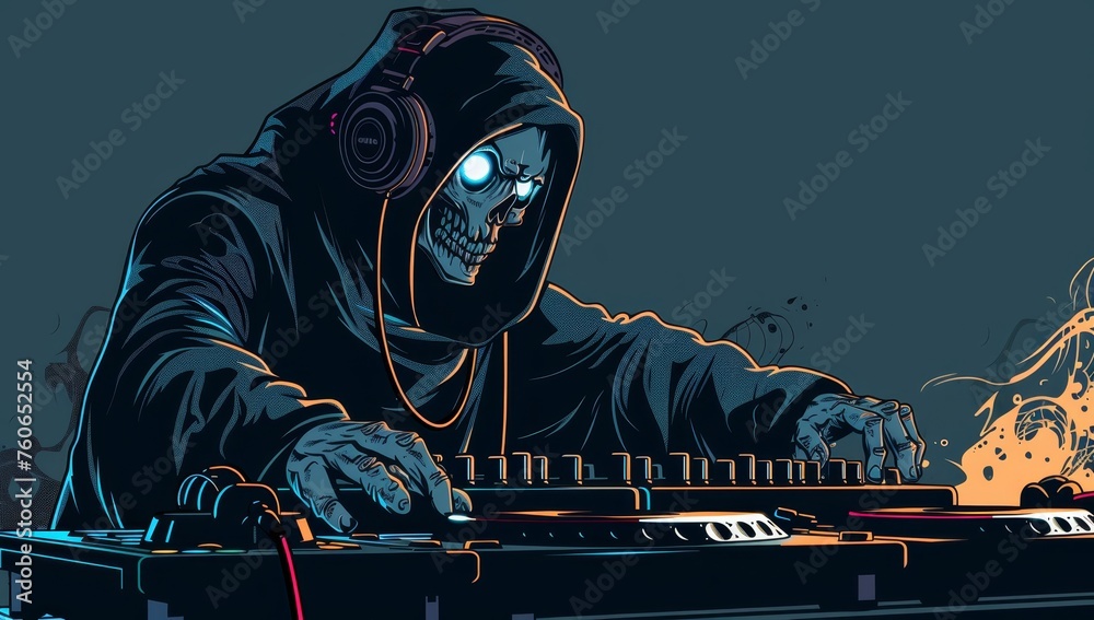 A cartoon grim reaper DJ with glowing eyes and black hood, wearing ...