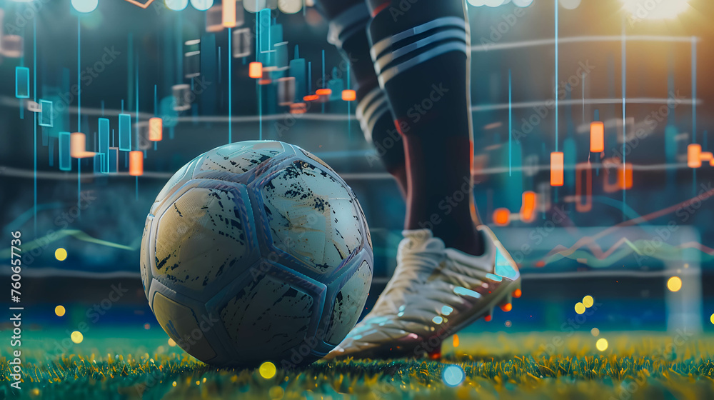 Close up foot of a soccer player kicking a ball with stock chart ...