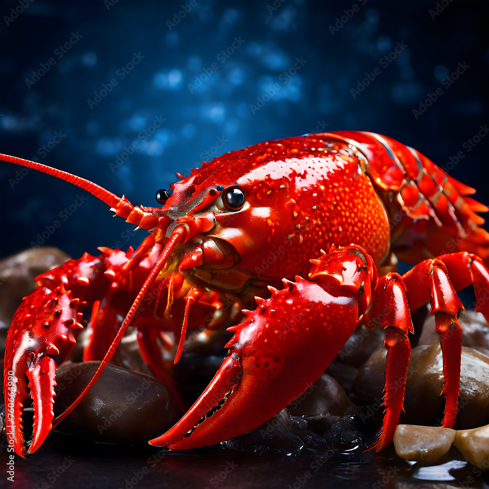 A detailed close-up photograph of a red lobster resting on a Coral's ...