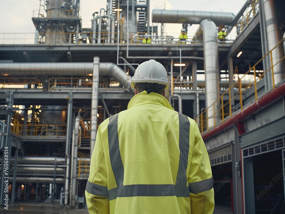 Back view of engineer wearing safety clothes and hardhat at Pipeline ...
