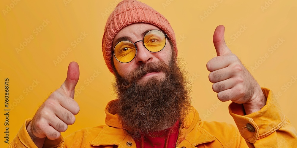 Bizarre bearded man in round glasses makes an approving gesture with ...