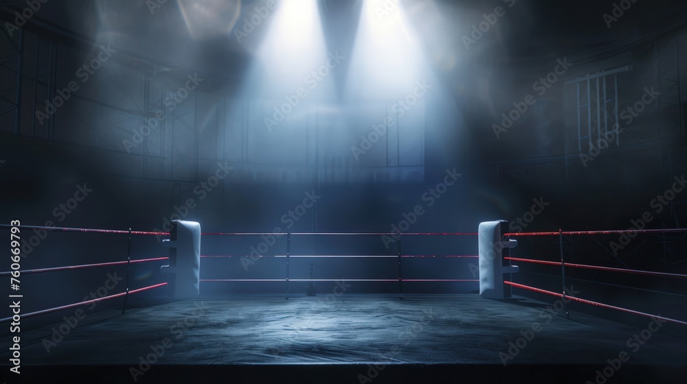 an epic scene of an empty boxing ring illuminated by a spotlight on the ...