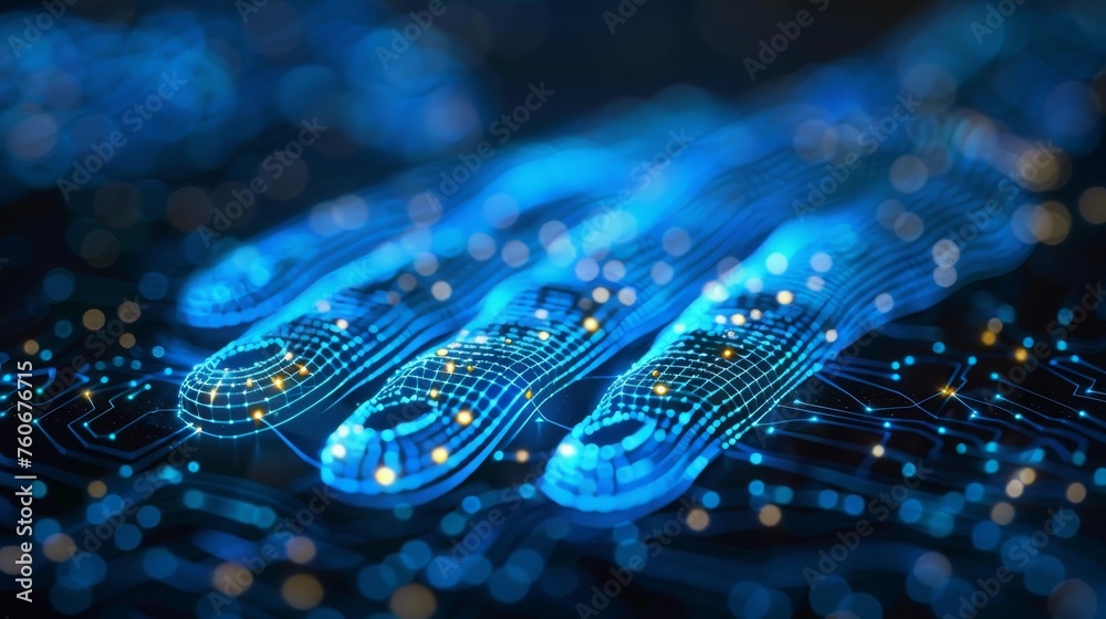 Visual representation of glowing blue digital footprints on a circuit ...