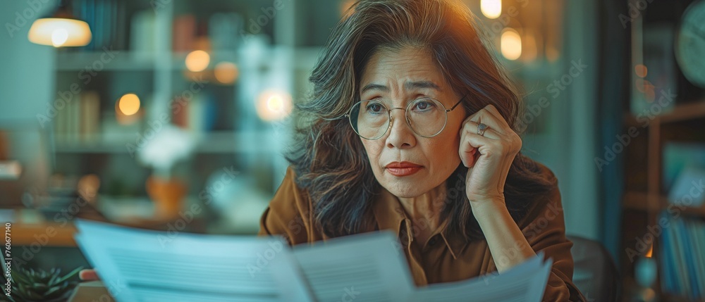 A middle-aged businesswoman is anxiously perusing business documents ...