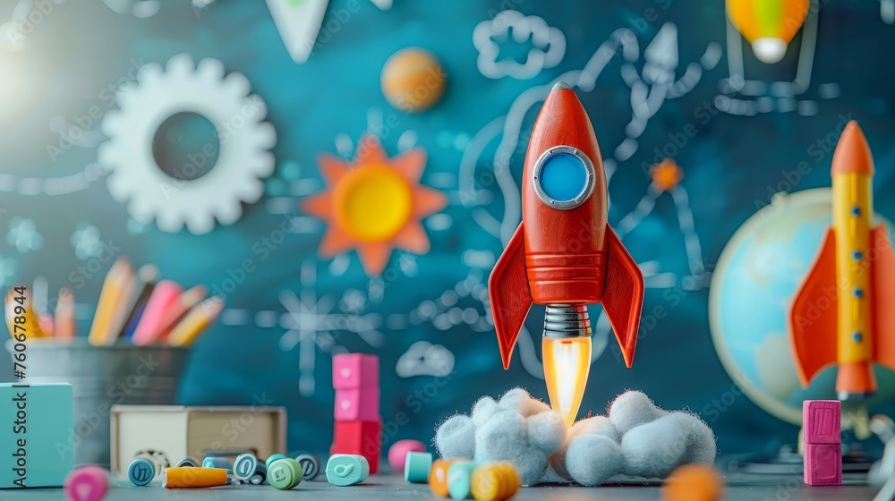 Educational and creative concept with a pencil rocket launching in ...