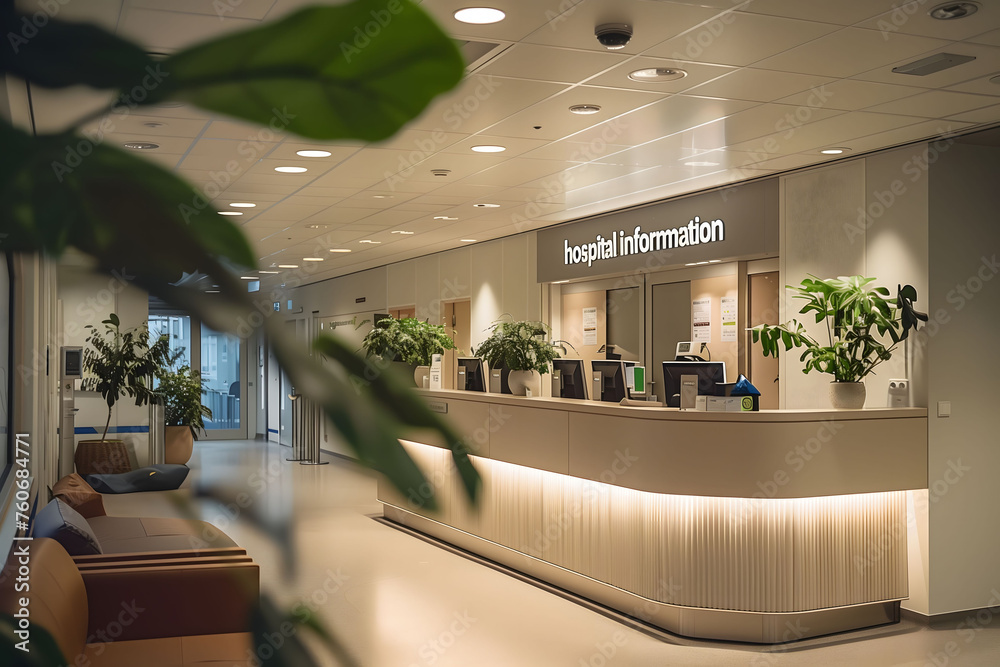 Hospital information desk with a clear sign and surrounding greenery ...