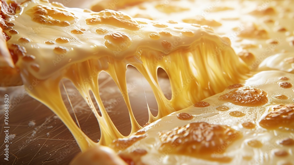 Cheese stretching from a pizza slice depicted in hyper realistic detail ...