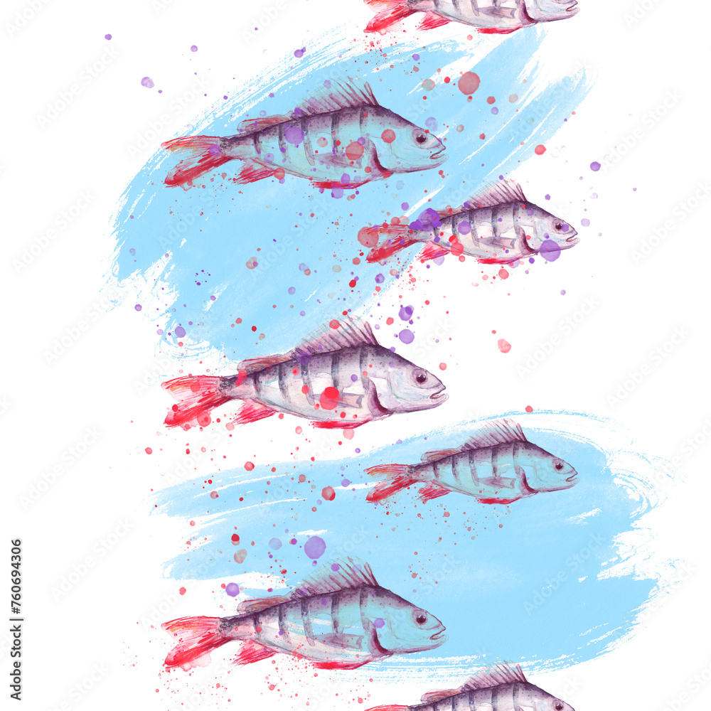 Seamless vintage watercolor pattern. Watercolor drawing fish perch ...