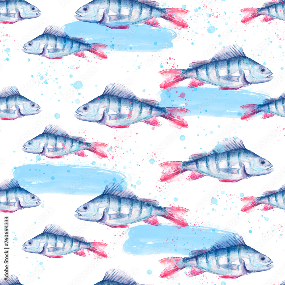 Seamless vintage watercolor pattern. Watercolor drawing fish perch ...
