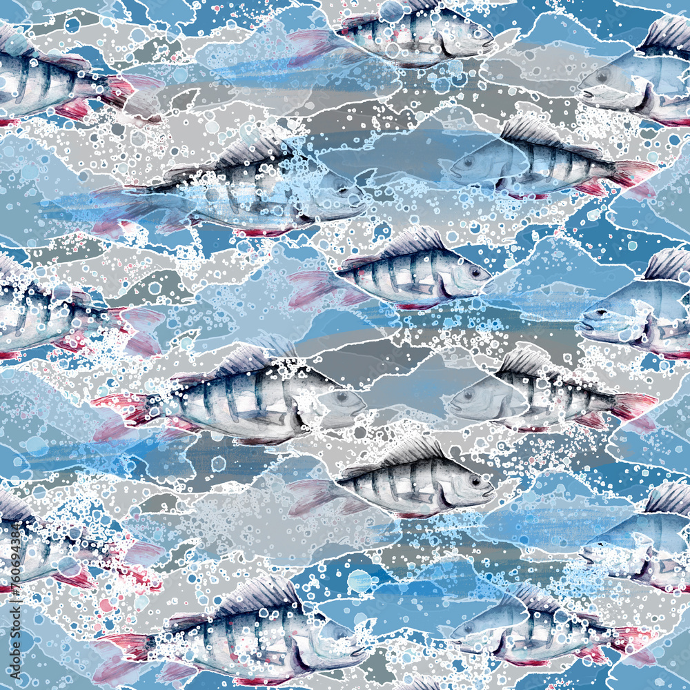 Seamless vintage watercolor pattern. Watercolor drawing fish perch ...