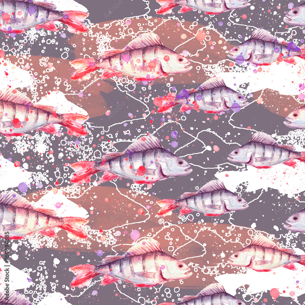 Seamless vintage watercolor pattern. Watercolor drawing fish perch ...