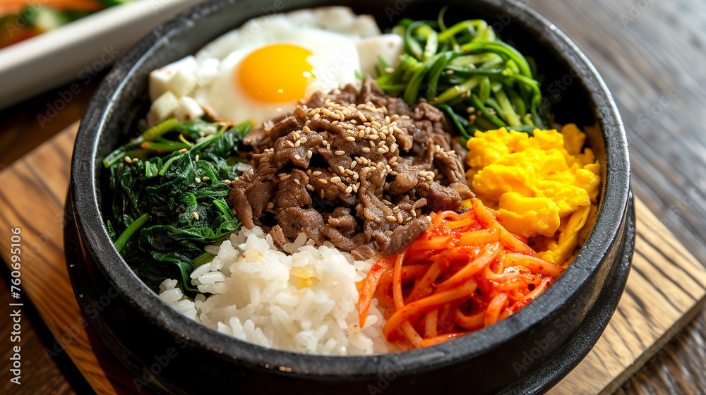 A bowl of bibimbap with rice, mixed vegetables, beef, egg, and ...