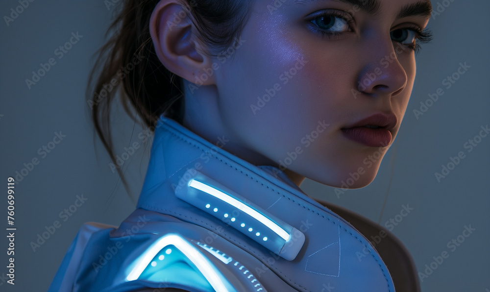 Close-up of a model in a sleek, sustainable outfit embedded with smart ...