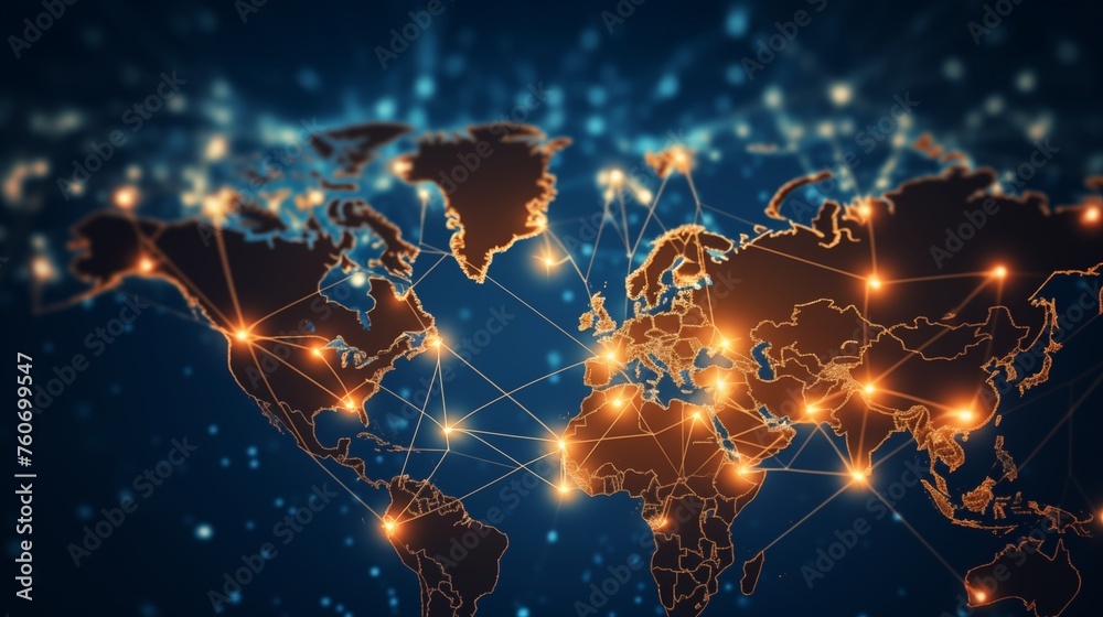 World map featuring nodes symbolizing hubs that connect various ...