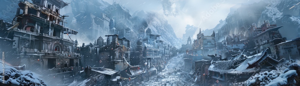 Snow calamity ruins a silent city frozen in time Stock Illustration ...
