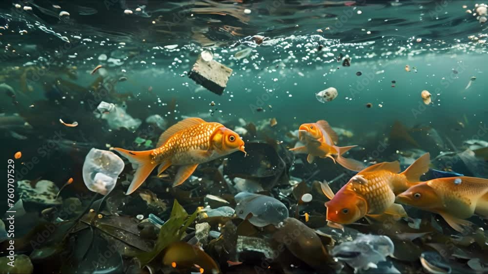 Polluted world ocean. Garbage and waste in the water. Animals suffer ...
