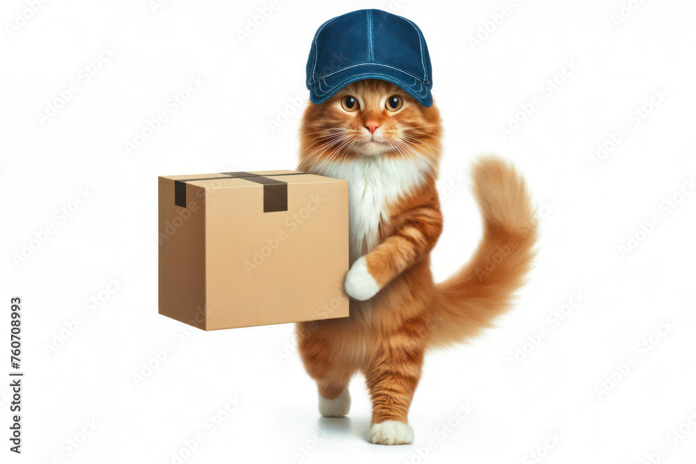 cat in a cap delivers a parcel, a box on a white background. ai ...