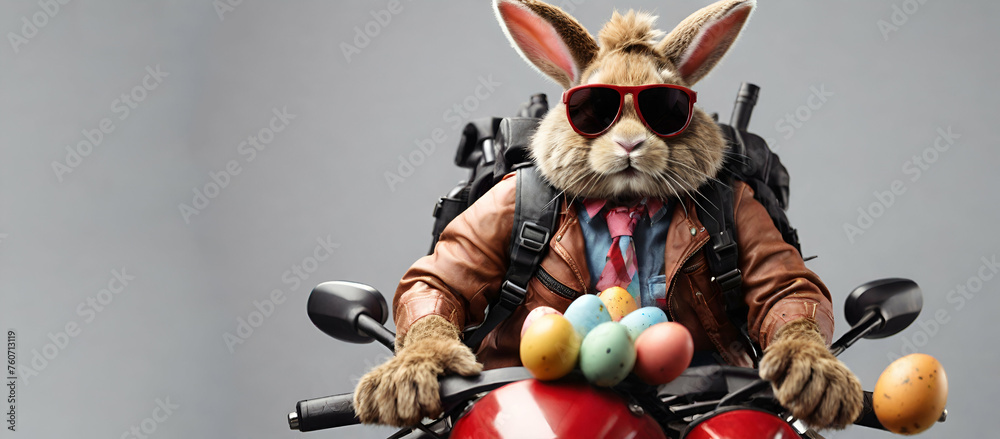 Dwarf rabbit greets with his hand saying goodbye mounted on a bike ...