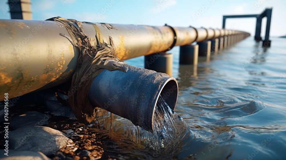 Sewage from the sewer pollutes a lake. Waste from the pipe winds into ...