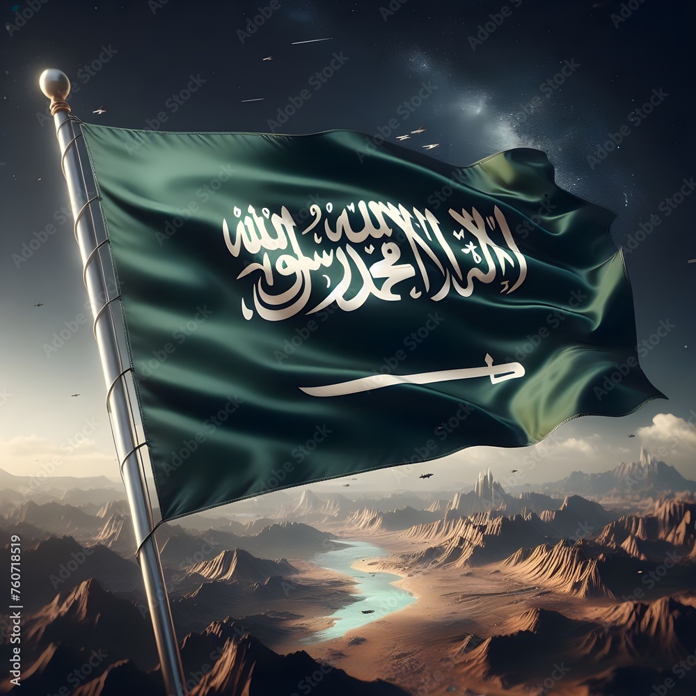 flag of Kingdom of Saudi Arabia 3d with background desert sand of KSA ...