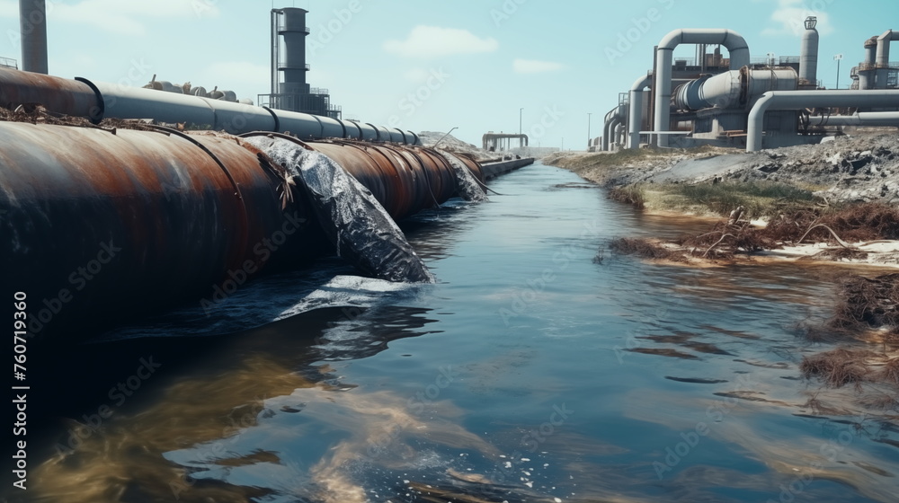 Sewage from the sewer pollutes a lake. Waste from the pipe winds into ...