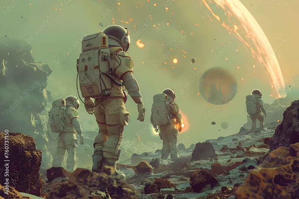Team Adventure: Mars Exploration. A group of astronauts using cutting ...
